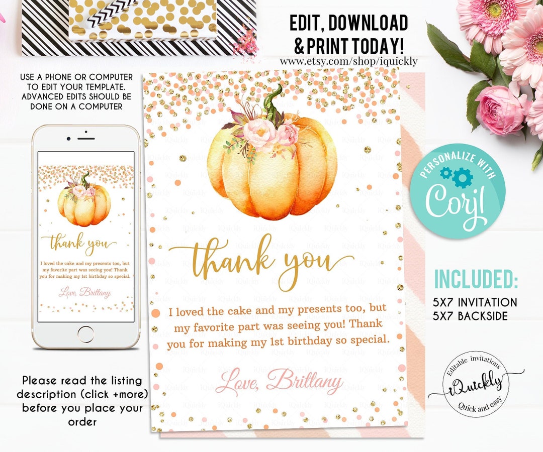 Editable Pumpkin Thank You Card, Little Pumpkin Note Card, Fall Autumn ...