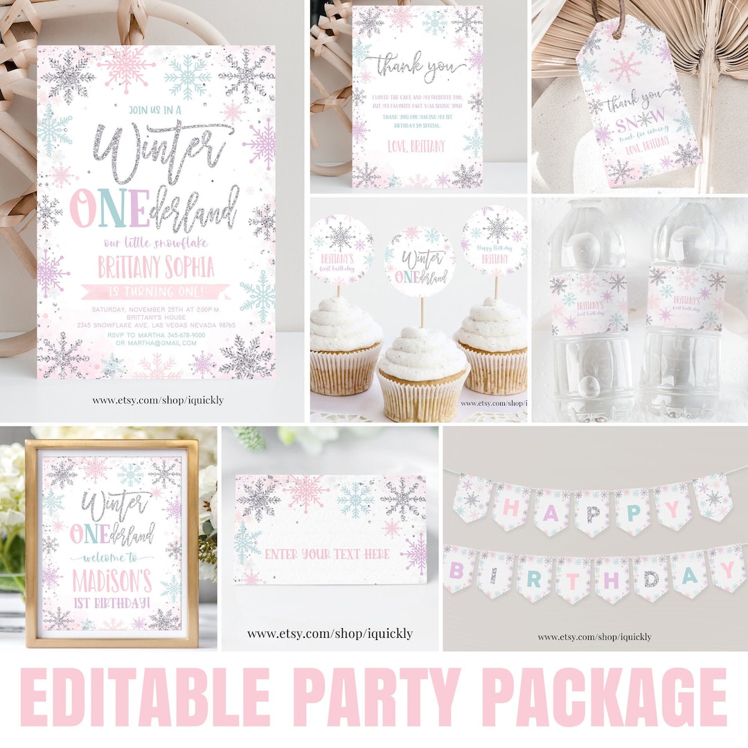 Editable Winter Onederland Party Decorations Girl Snowflake Package ...