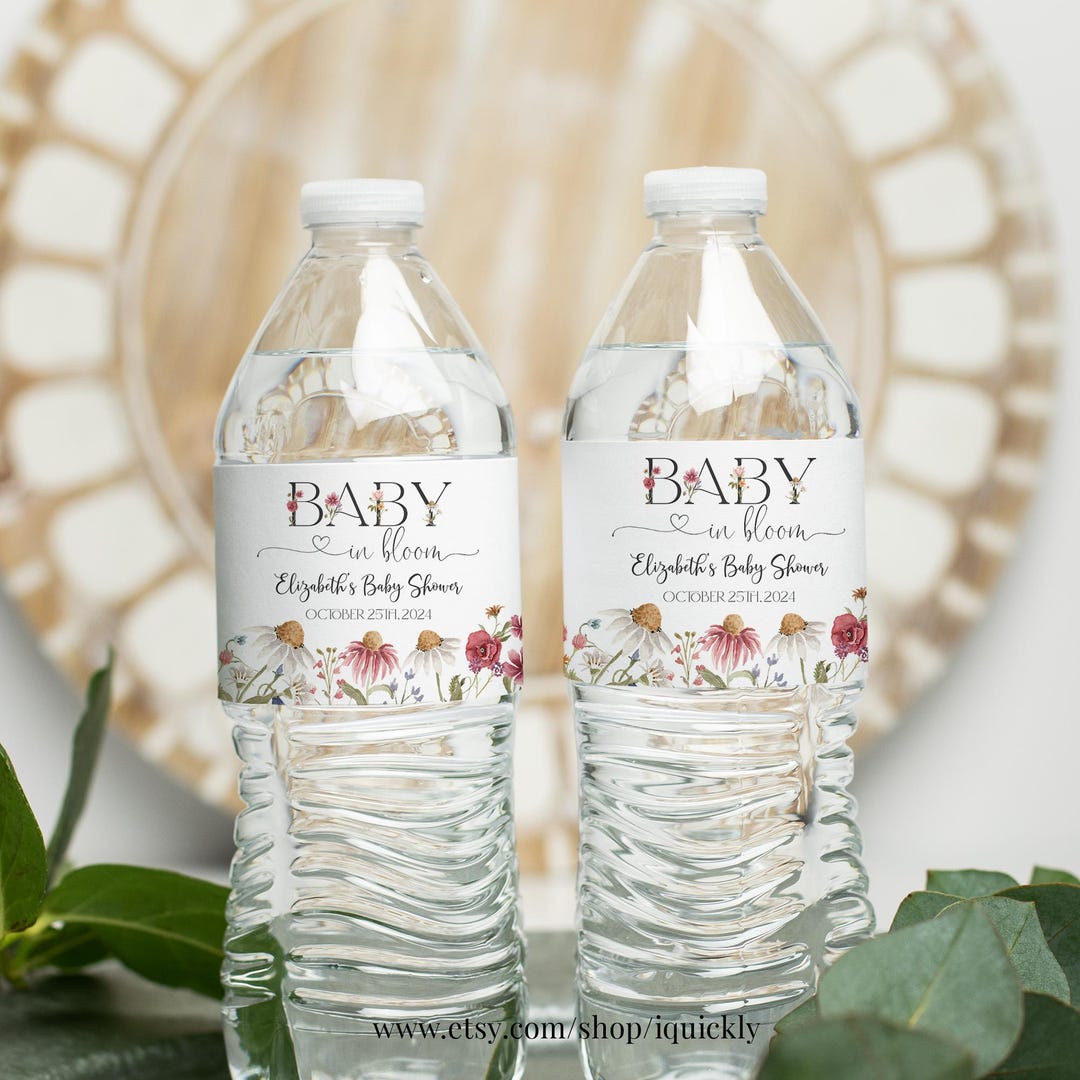 Baby in Bloom Baby Shower Bottle Label Editable Wildflower Water Bottle ...