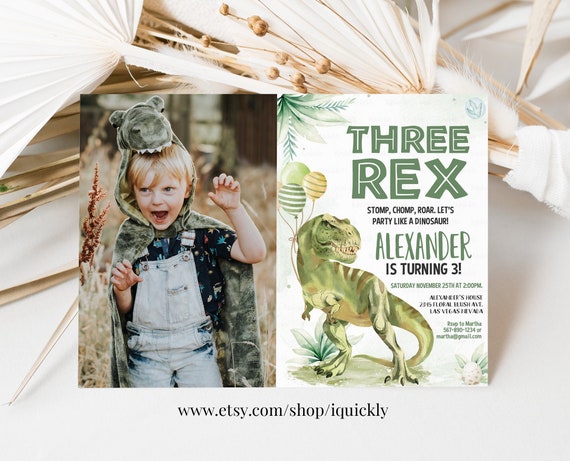 Editable Three Rex Invitation Boy Dinosaur Birthday Invitation Three 