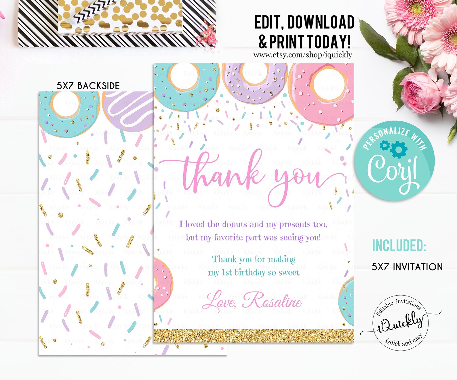 EDITABLE Donut Thank You Card Doughnut Girl Note Card Donut - Etsy
