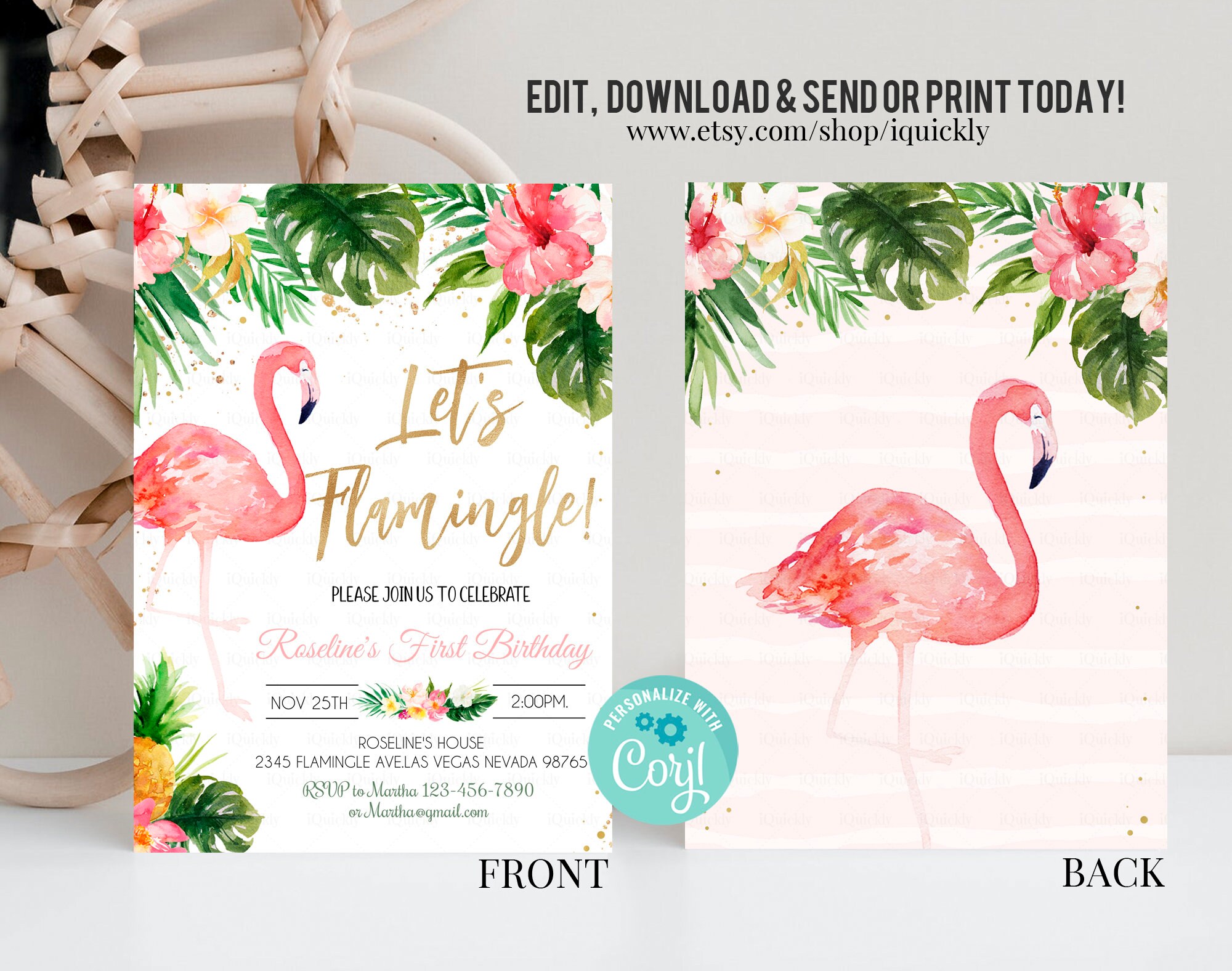Editable Flamingo Birthday Party Invitation Template,tropical Birthday ...