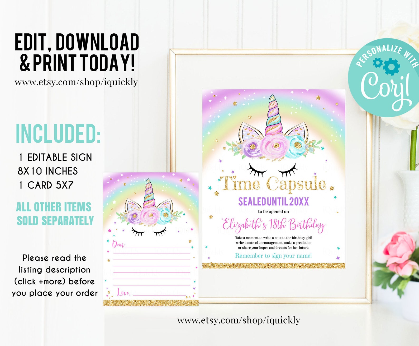 EDITABLE Unicorn Time Capsule Matching Note Cards, First Birthday ...