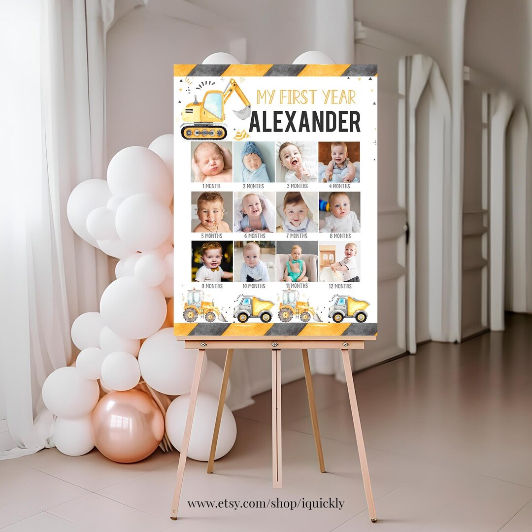 Construction 1st Birthday Photo Poster Editable First Year Baby ...