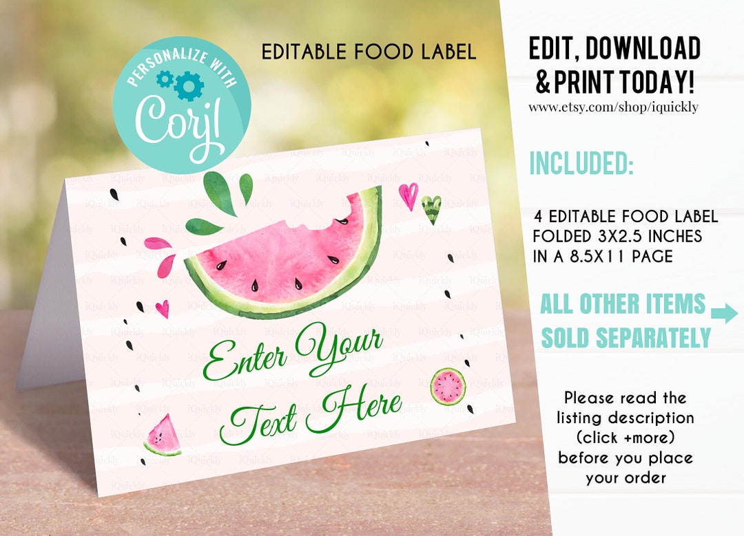 EDITABLE Watermelon Tags Buffet Label Tent Card Food Labels Place Cards ...