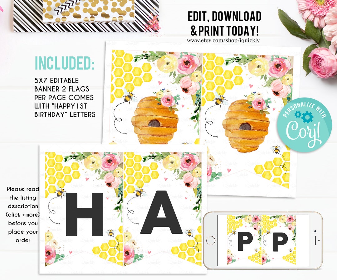EDITABLE Bee Banner, Honey Bee Happy Birthday Banner, Printable 1st ...