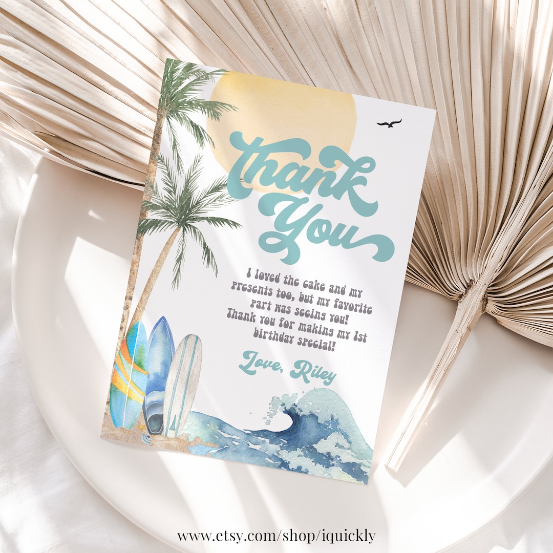 The Big One Surfs up Thank You Card Editable Surf Invite Surfboard ...