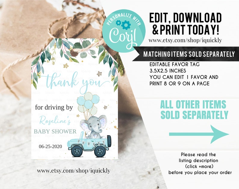 Editable Drive by Baby Shower Favor Tag Elephant Drive Through - Etsy