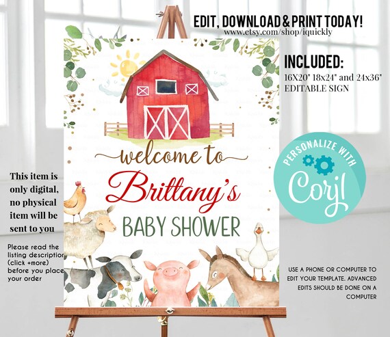 Farm Baby Shower Welcome Sign, EDITABLE, Gender Neutral, Farm animals ...