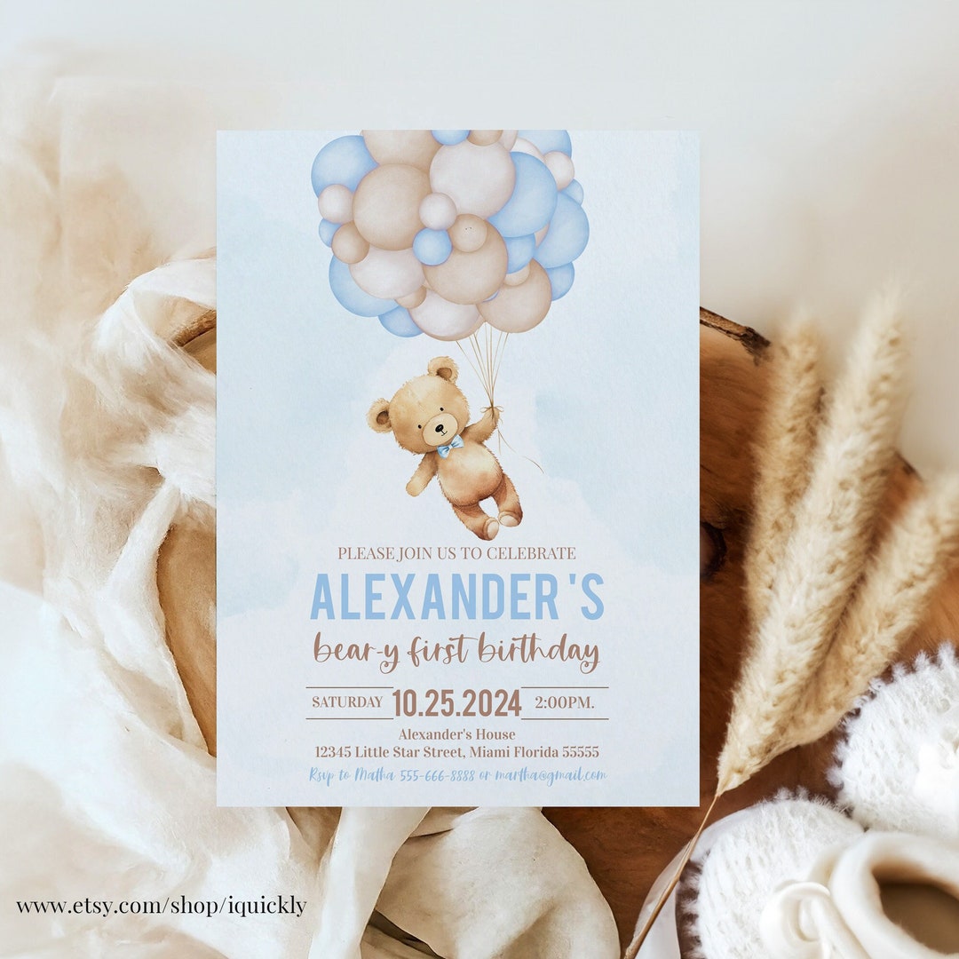 Beary First Birthday Invitation EDITABLE Teddy Bear Boy 1st Birthday ...