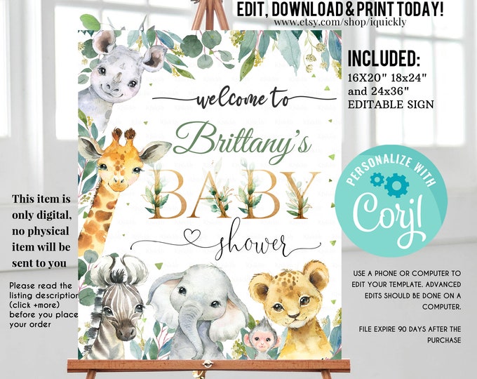 Safari Baby Shower Welcome Sign, Safari Welcome Sign, Safari Animals ...