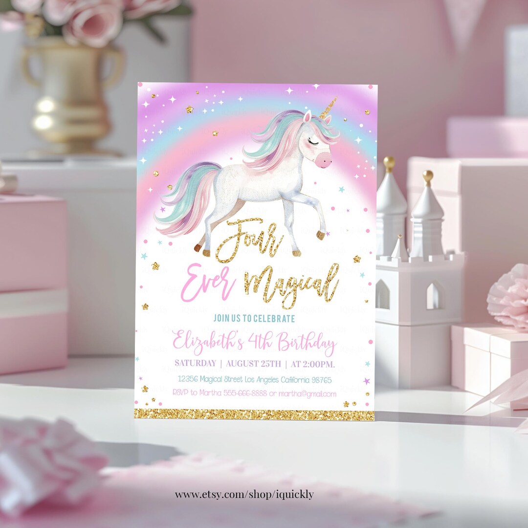 Four Ever Magical Invitation Editable Unicorn Birthday Invite Pastel 4 ...