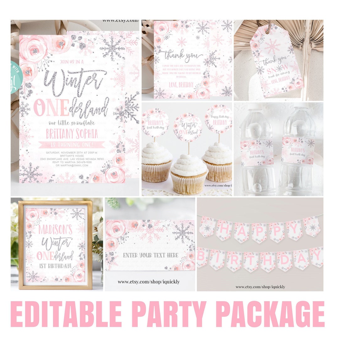 Editable Winter Onederland Party Decorations Girl Snowflake Package ...