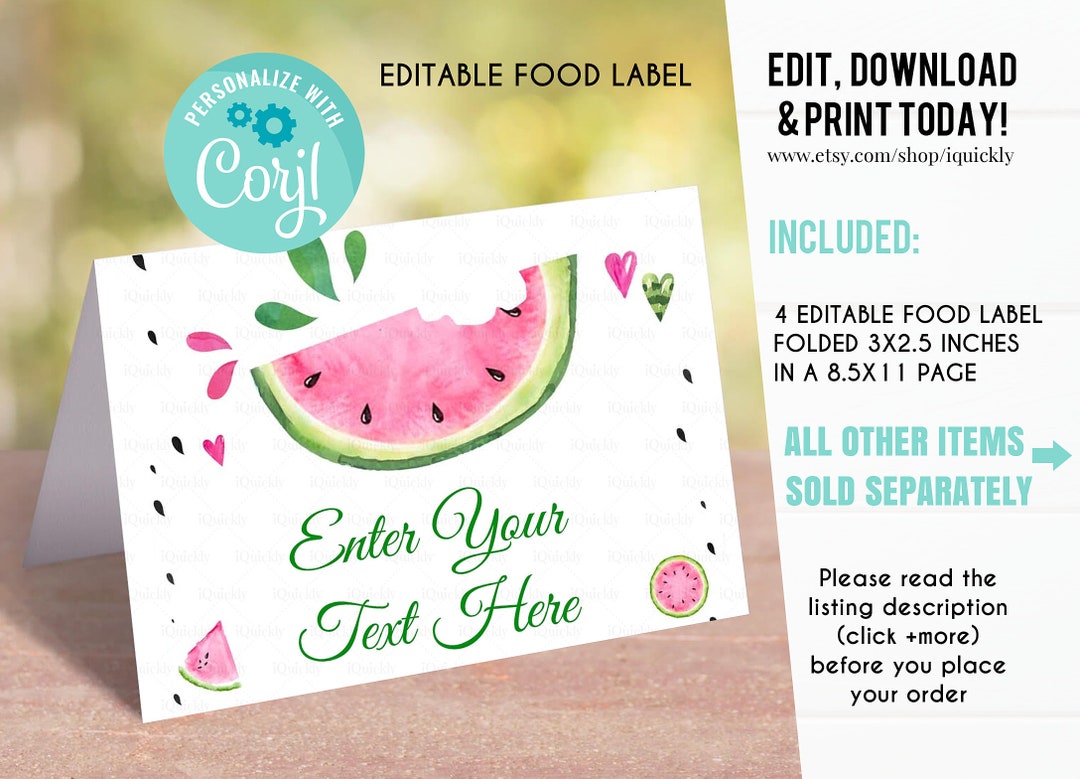 EDITABLE Watermelon Tags Buffet Label Tent Card Food Labels Place Cards ...