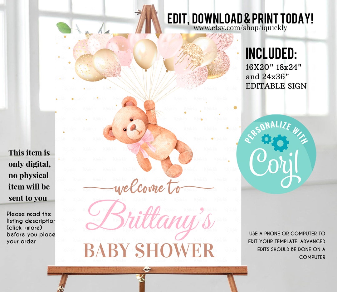 Editable Teddy Bear Baby Shower Welcome Sign, Bear Themed Baby Shower ...