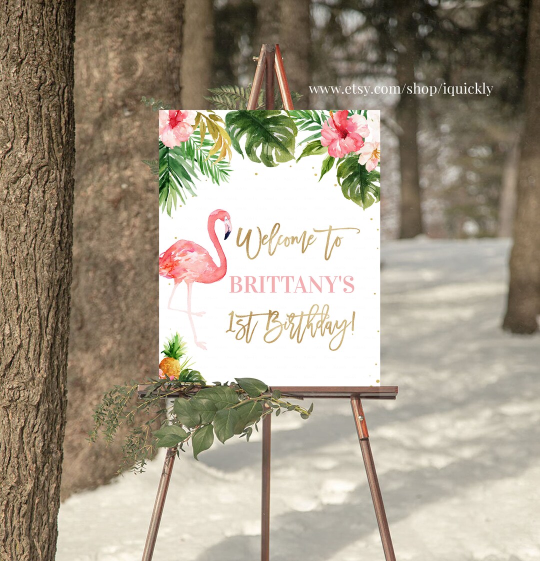 EDITABLE Flamingo Birthday Party Signs Tropical Welcome Sign ...