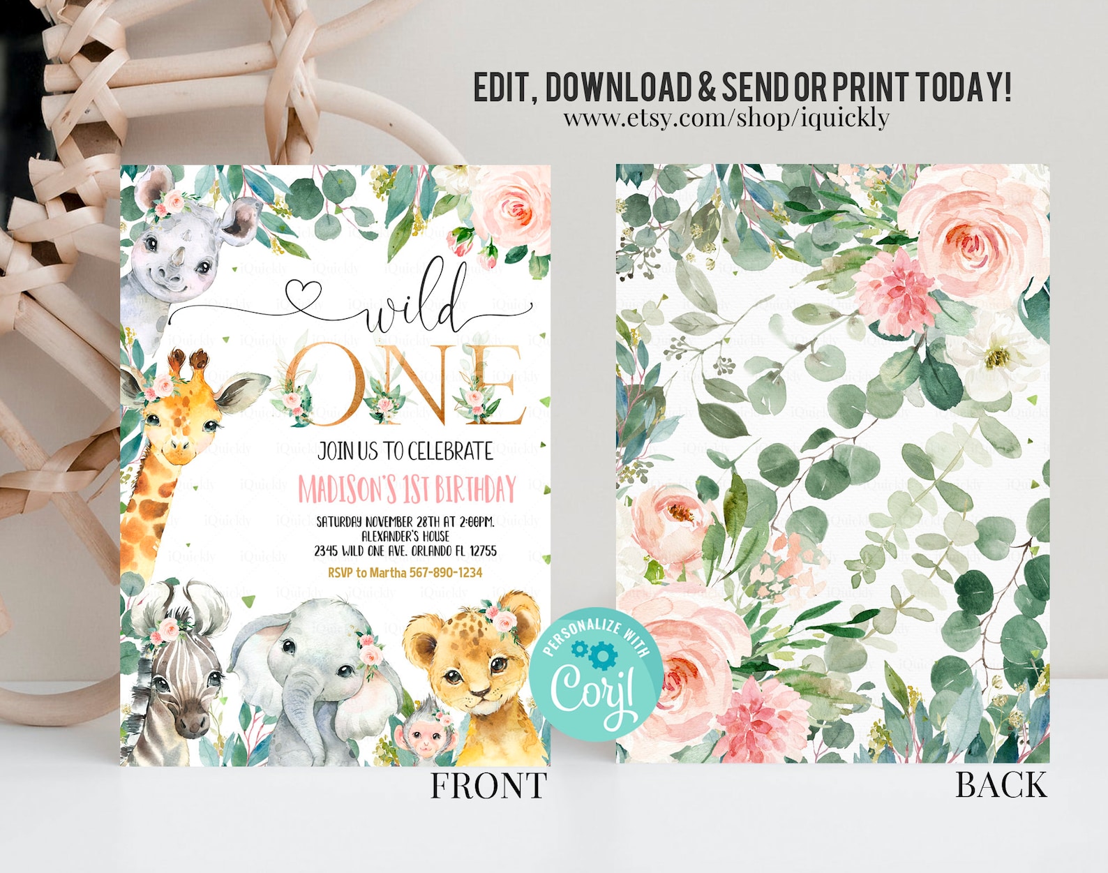 EDITABLE Safari Birthday Invitation, Girl Wild One 1st Birthday Invite ...