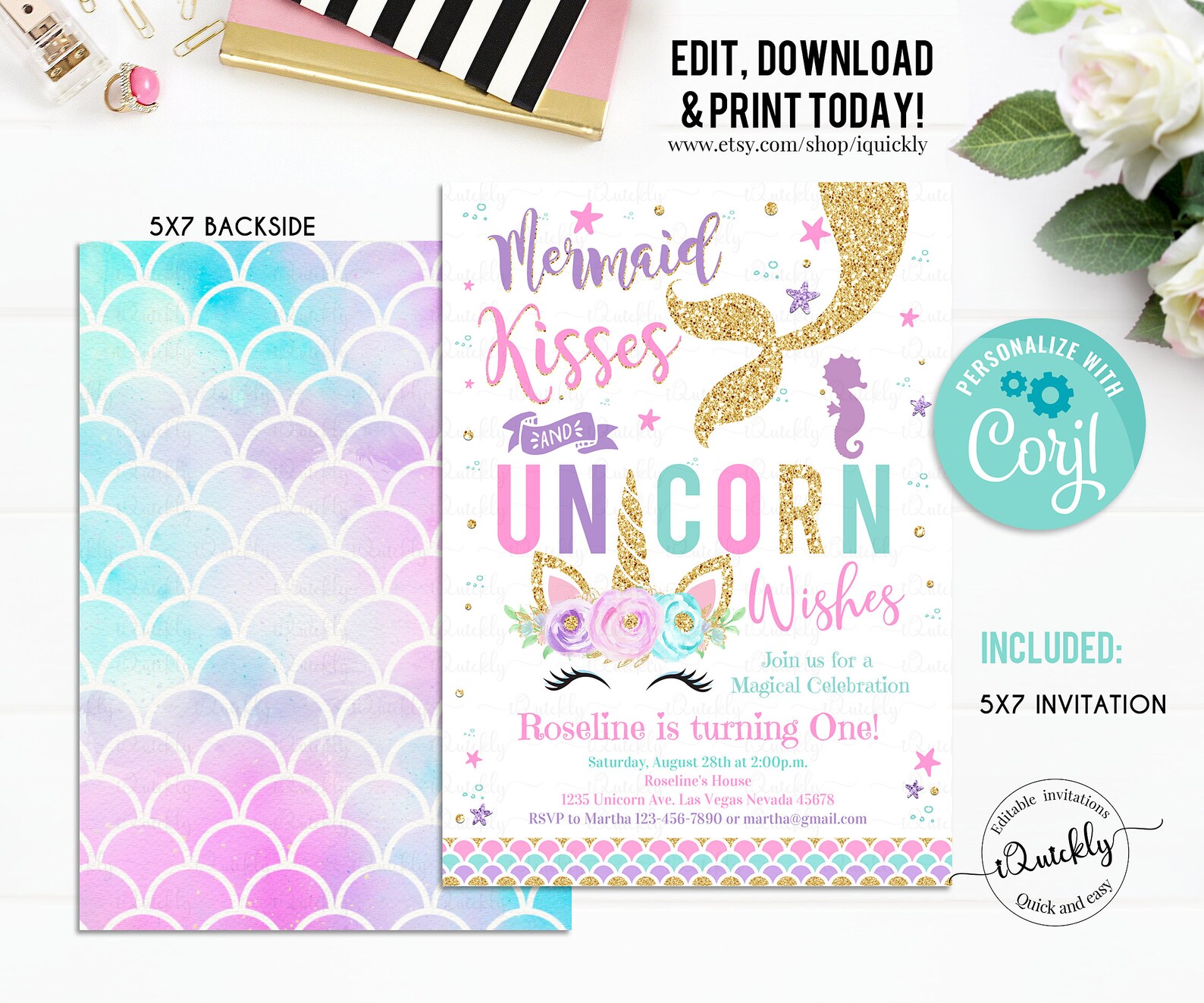 EDITABLE Kisses and Unicorn Wishes Birthday Invitation, Unicorn Mermaid ...