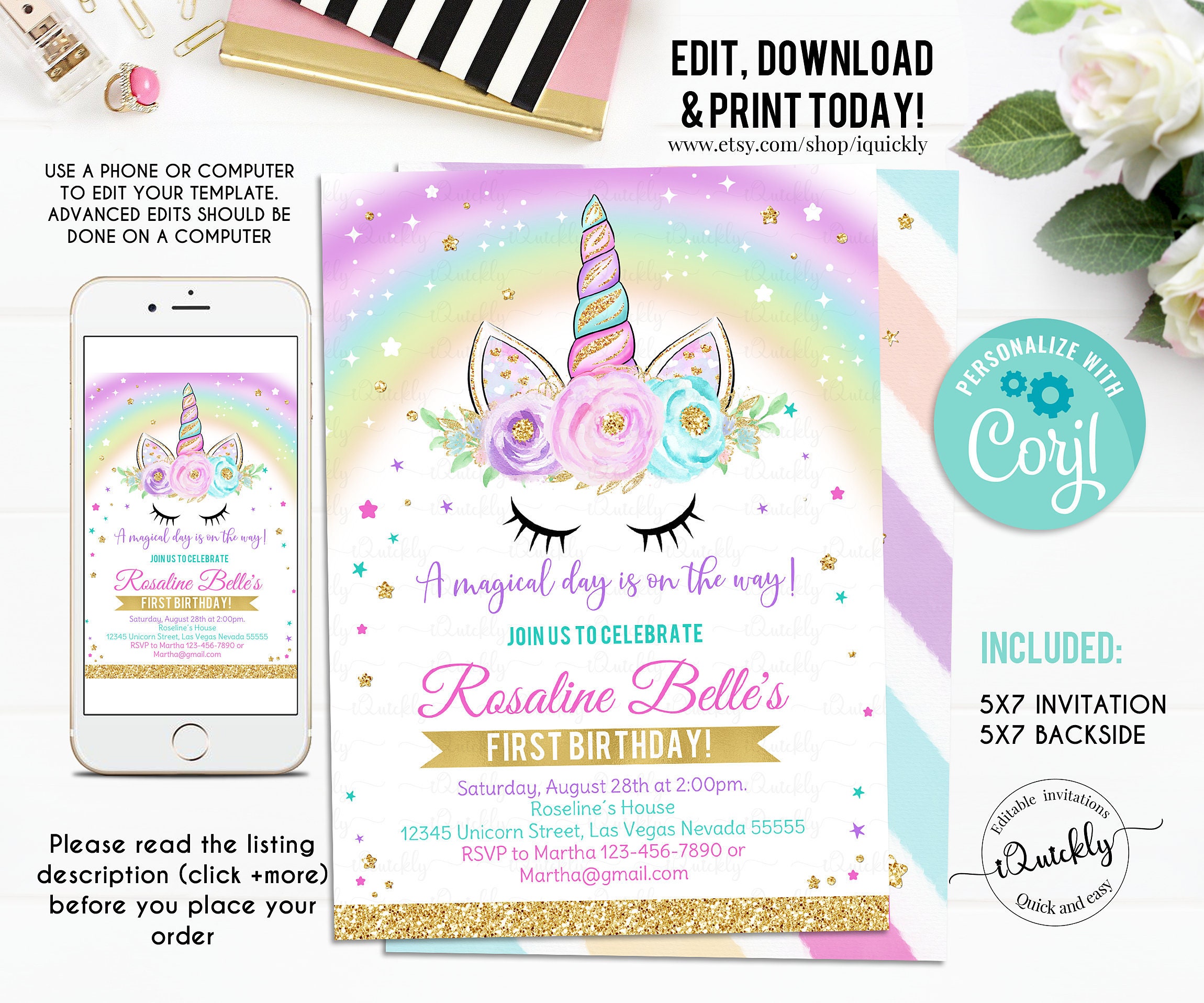 Editable Unicorn Invitation Rainbow Unicorn Invite Unicorn - Etsy Australia