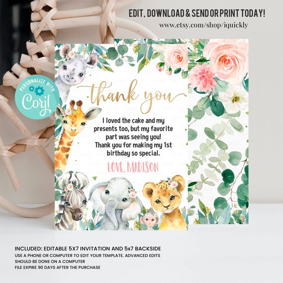 EDITABLE Safari Birthday Thank you card, Girl Wild One 1st Birthday ...