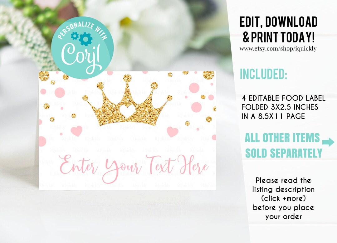 EDITABLE Princess Food Tags Buffet Label Pink and Gold Tent Card Food ...