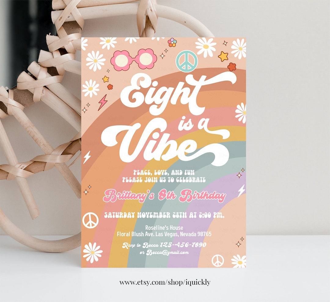 Editable 8th Groovy Birthday Invitation Eight is a Vibe Daisy Rainbow ...