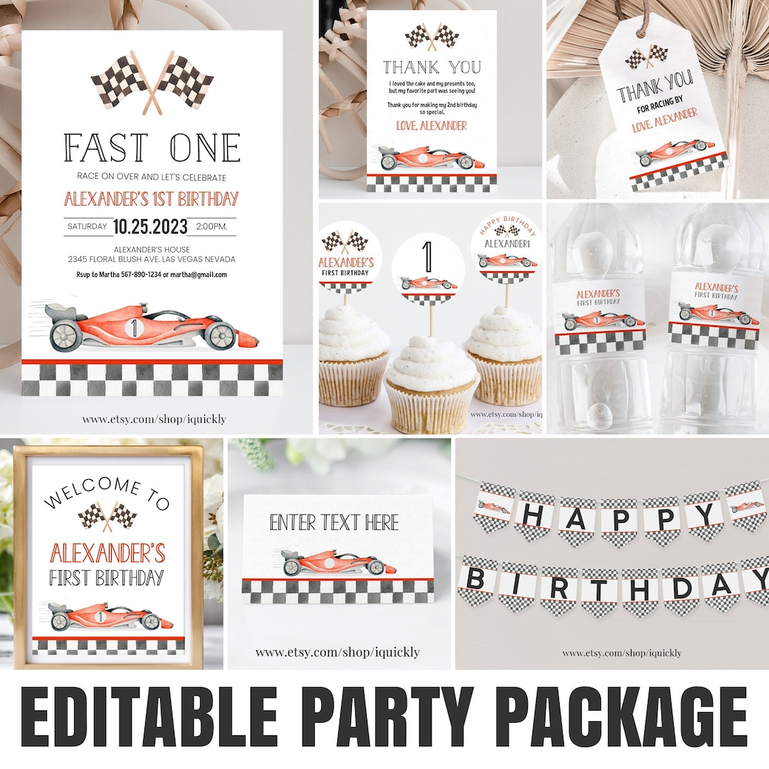 Editable Fast One Party Decorations Racecar Package Birthday Racing Car ...
