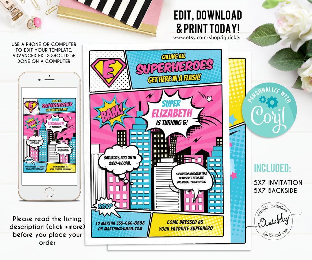 Superheroes Invitation Girl, EDITABLE Superhero Birthday Invitations ...