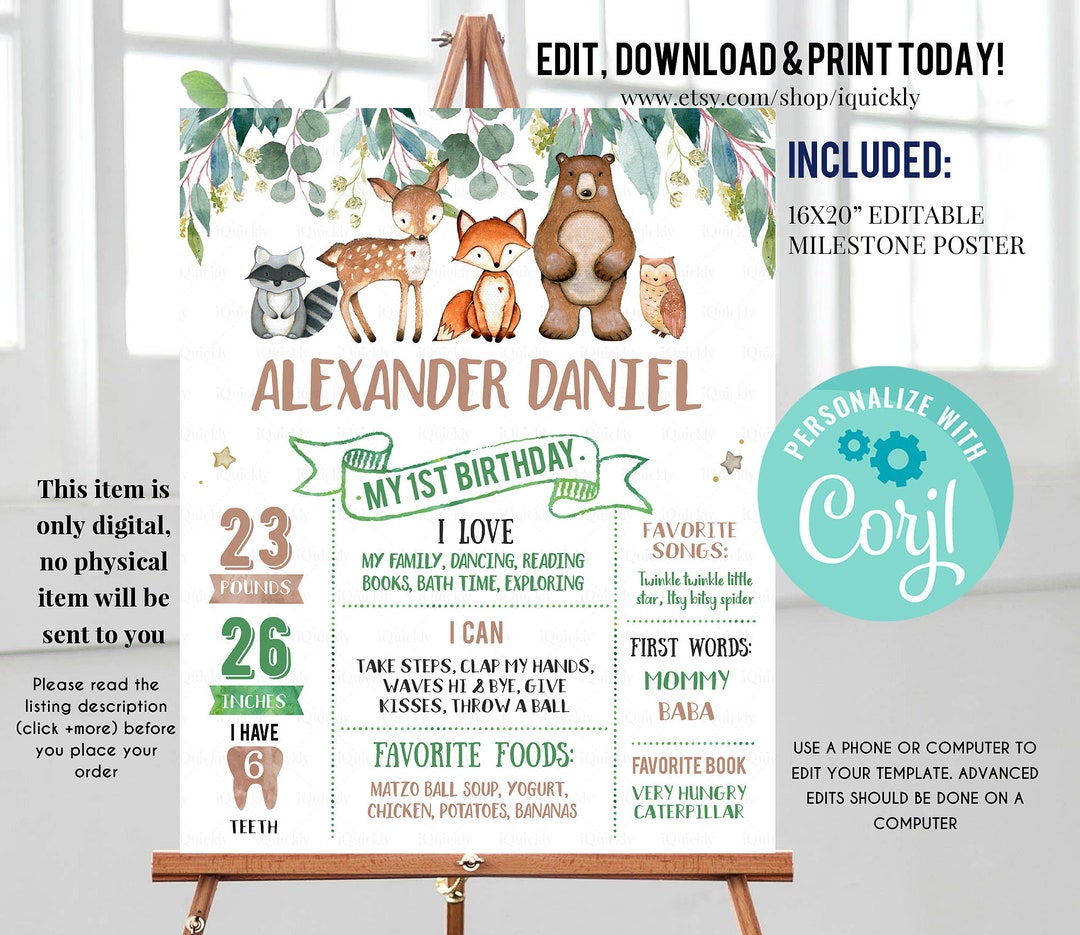 Woodland Milestone Birthday Poster, EDITABLE First Birthday Chalkboard ...