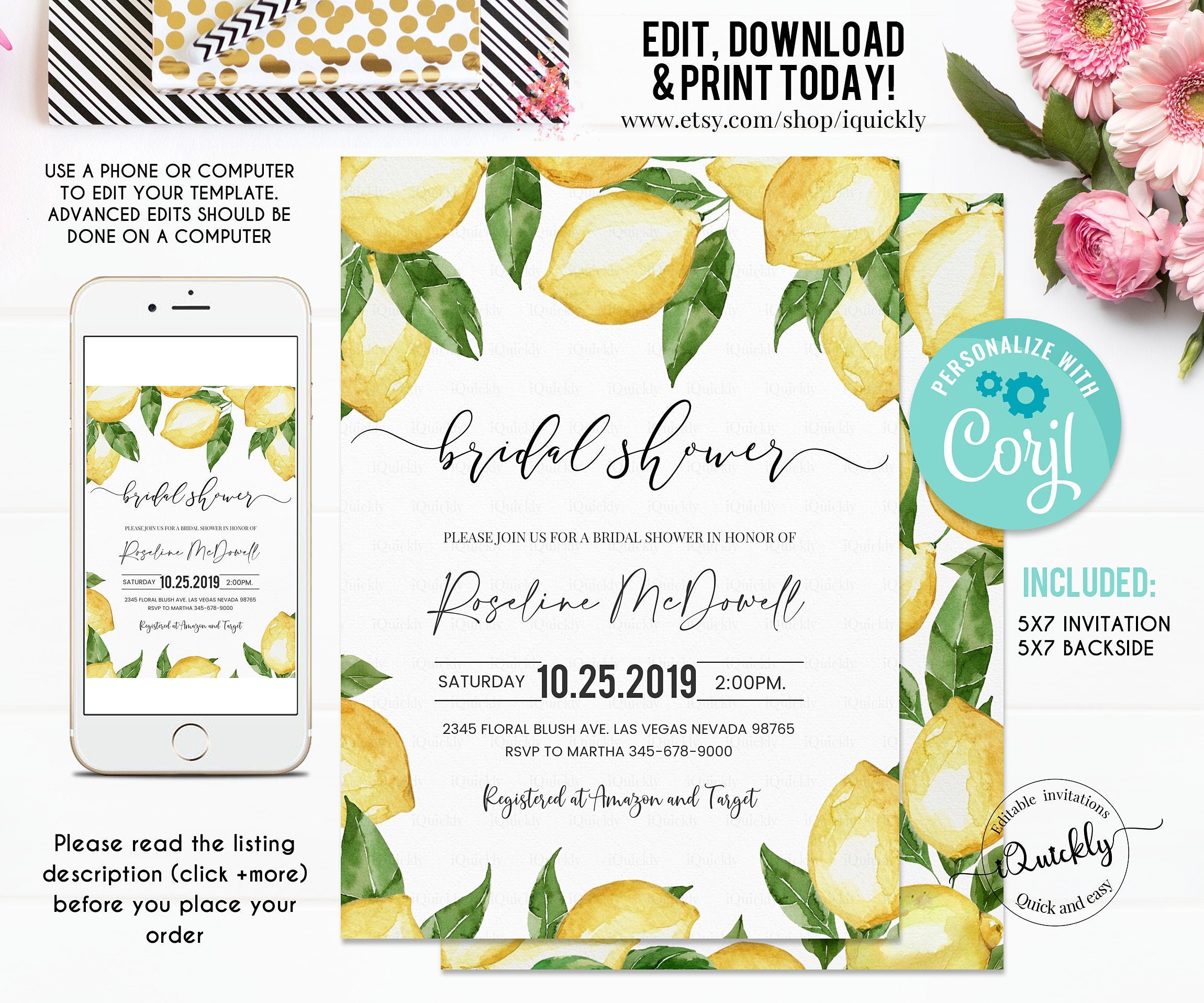 EDITABLE Lemon Bridal Shower Invitation, Citrus Lemonade Summer Spring ...