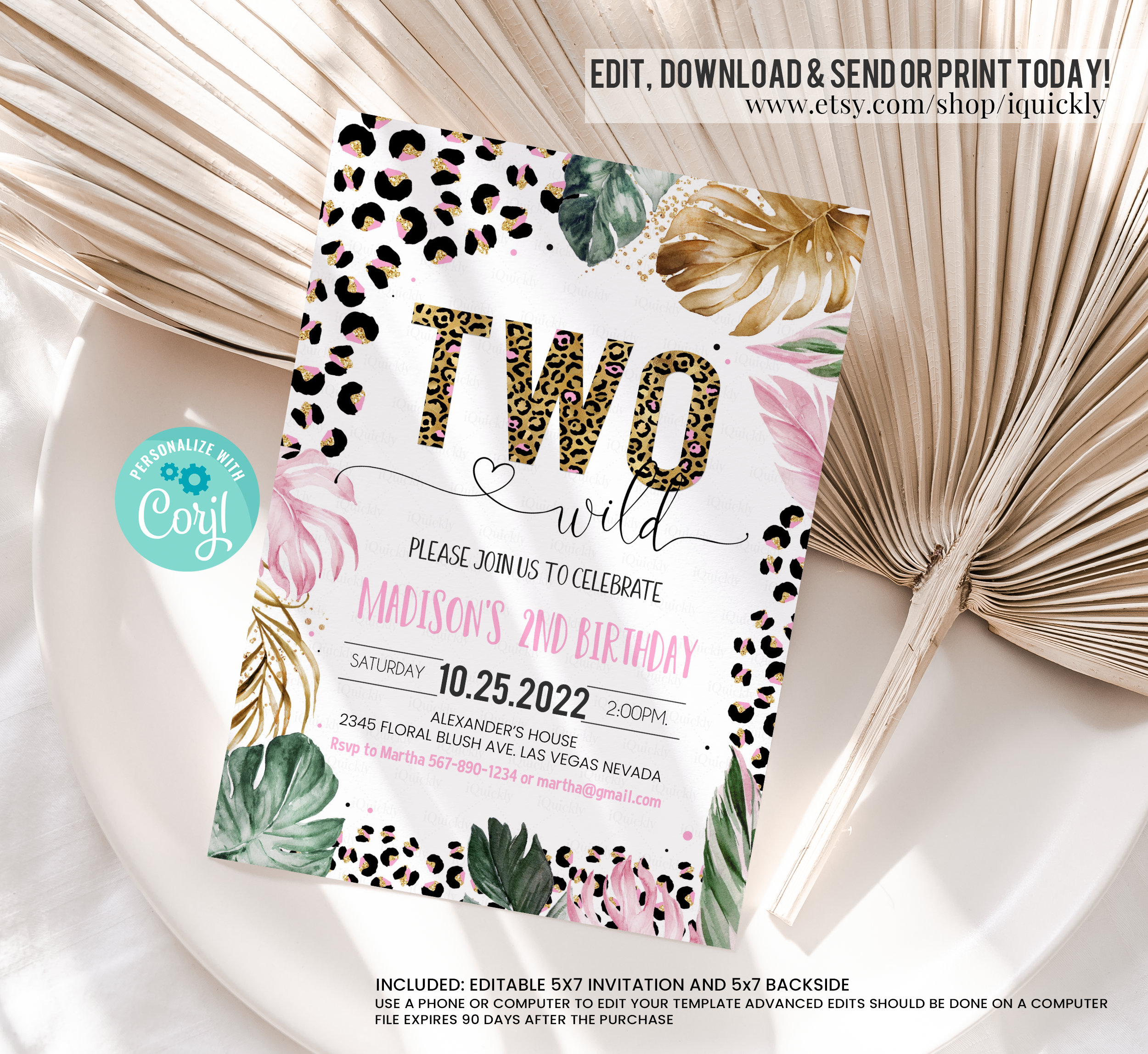 Editable Two Wild Leopard Print Jungle Birthday Party Invitation ...