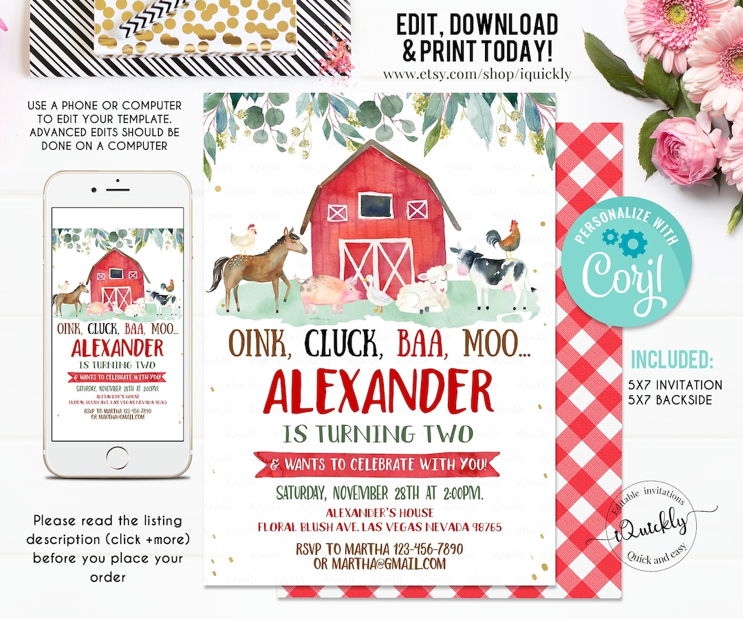 Editable Farm Birthday Invitation, Boy Barn Party, Digital Invite, Farm ...