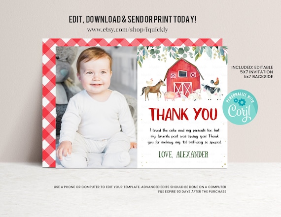 EDITABLE Farm Thank you card, Barnyard First Birthday Note card, Farm ...