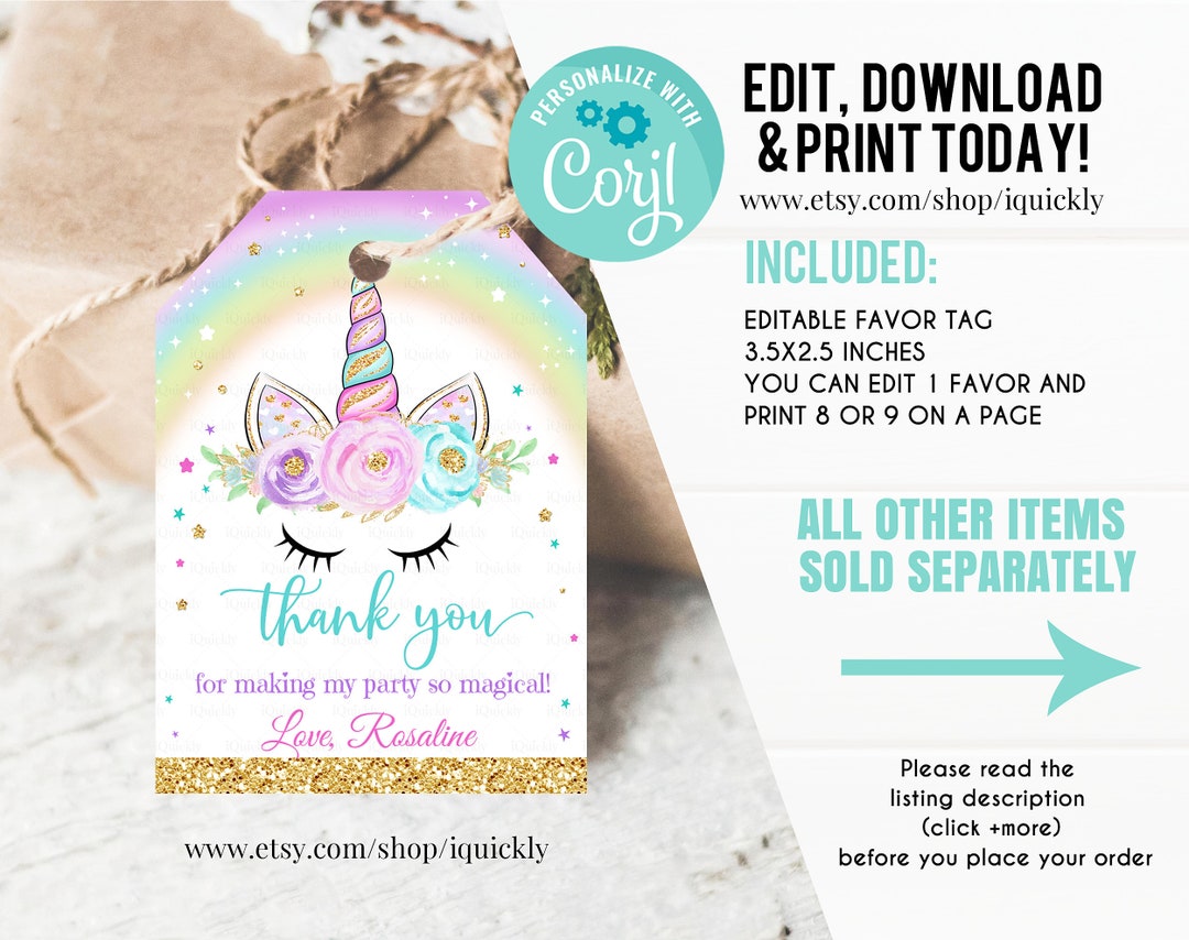 EDITABLE Unicorn Favor Tags, Thank You Tags, Gift Tags, Unicorn Party ...