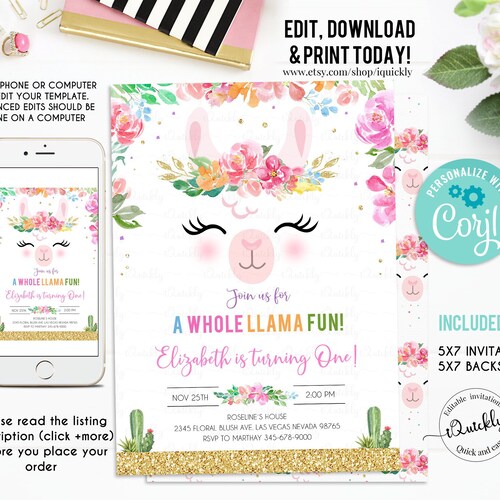 EDITABLE Llama Invitation Llama Birthday Invitations Alpaca - Etsy