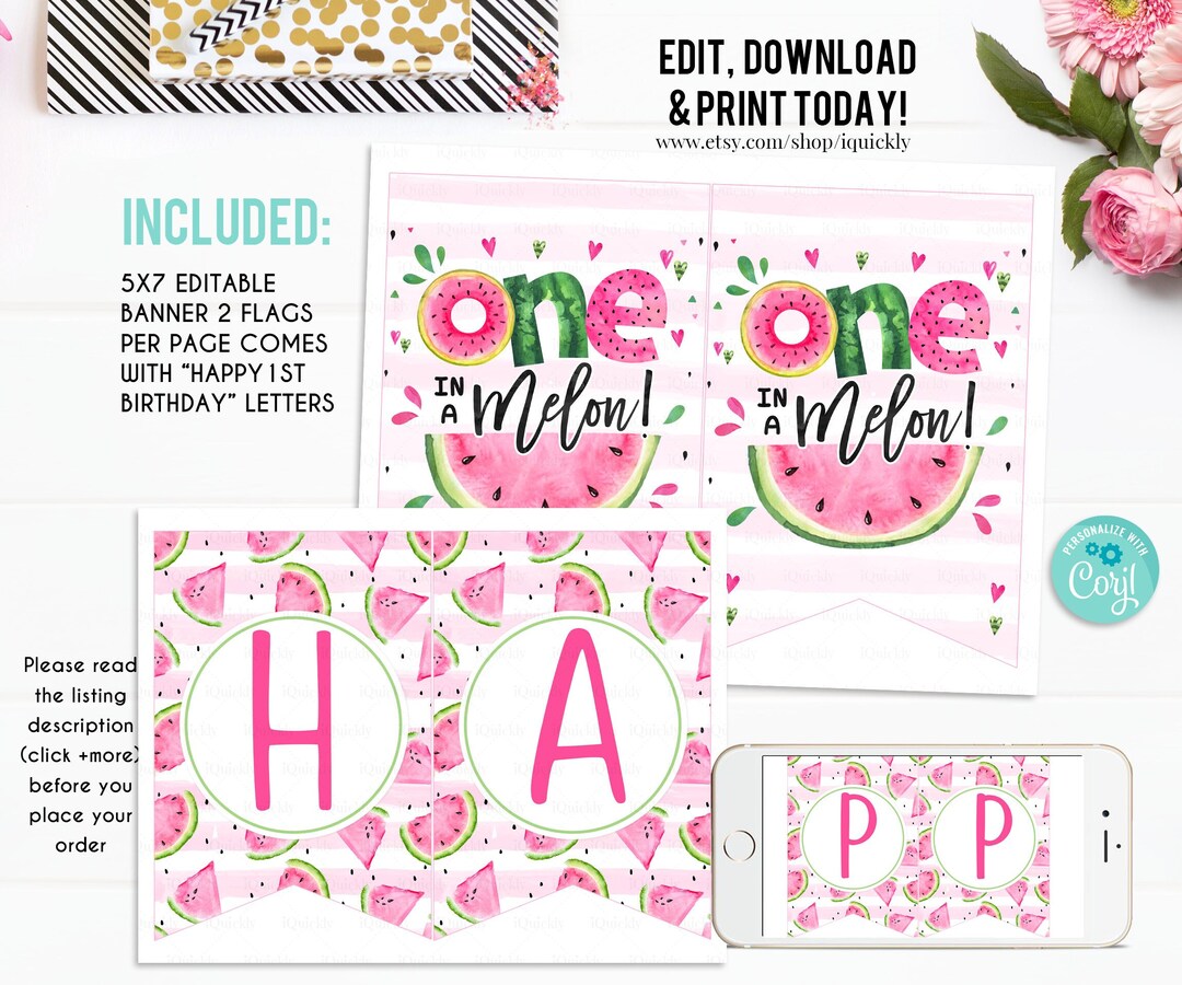 EDITABLE Watermelon Banner, Happy Birthday Banner, Printable 1st ...