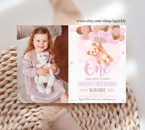 Editable Teddy Bear Birthday Invitation Girl Bear Themed Invite,1st ...
