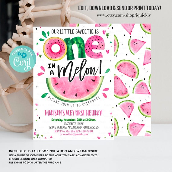 Editable Watermelon Invitation, Birthday Invitations, Pink Watermelon ...