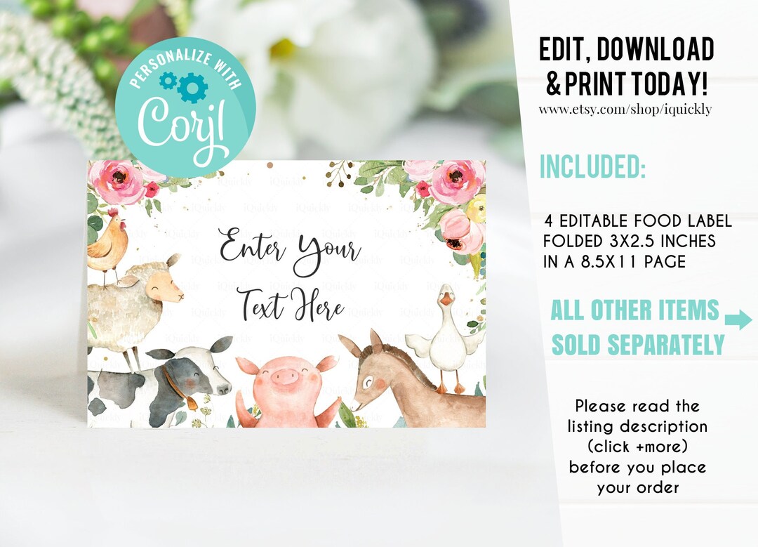 EDITABLE Farm Food Tags, Buffet Label Baby Shower, Tent Card Food ...