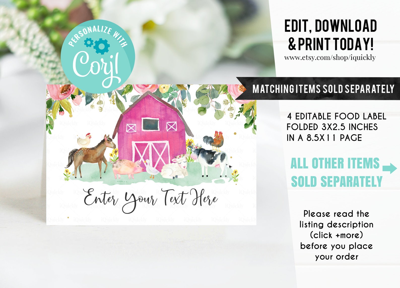 EDITABLE Farm Food Tags, Buffet Label Girl Baby Shower, Tent Card Food ...