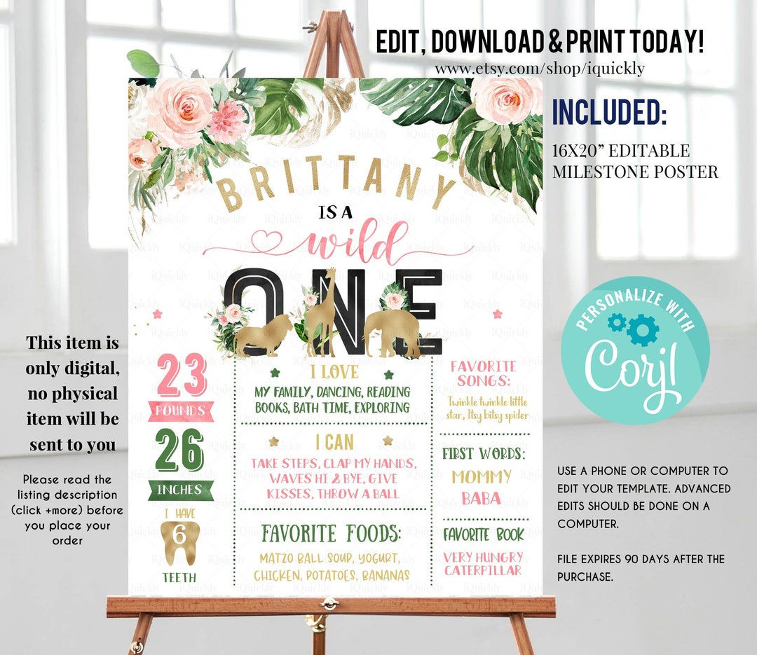 Jungle Gold Milestone Birthday Poster, EDITABLE Safari First Birthday ...