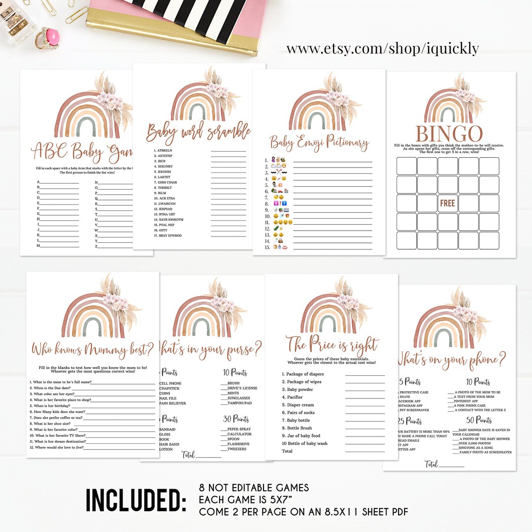 Boho Rainbow Baby Shower Games Bundle, Pink Pampas Grass Boho Game ...