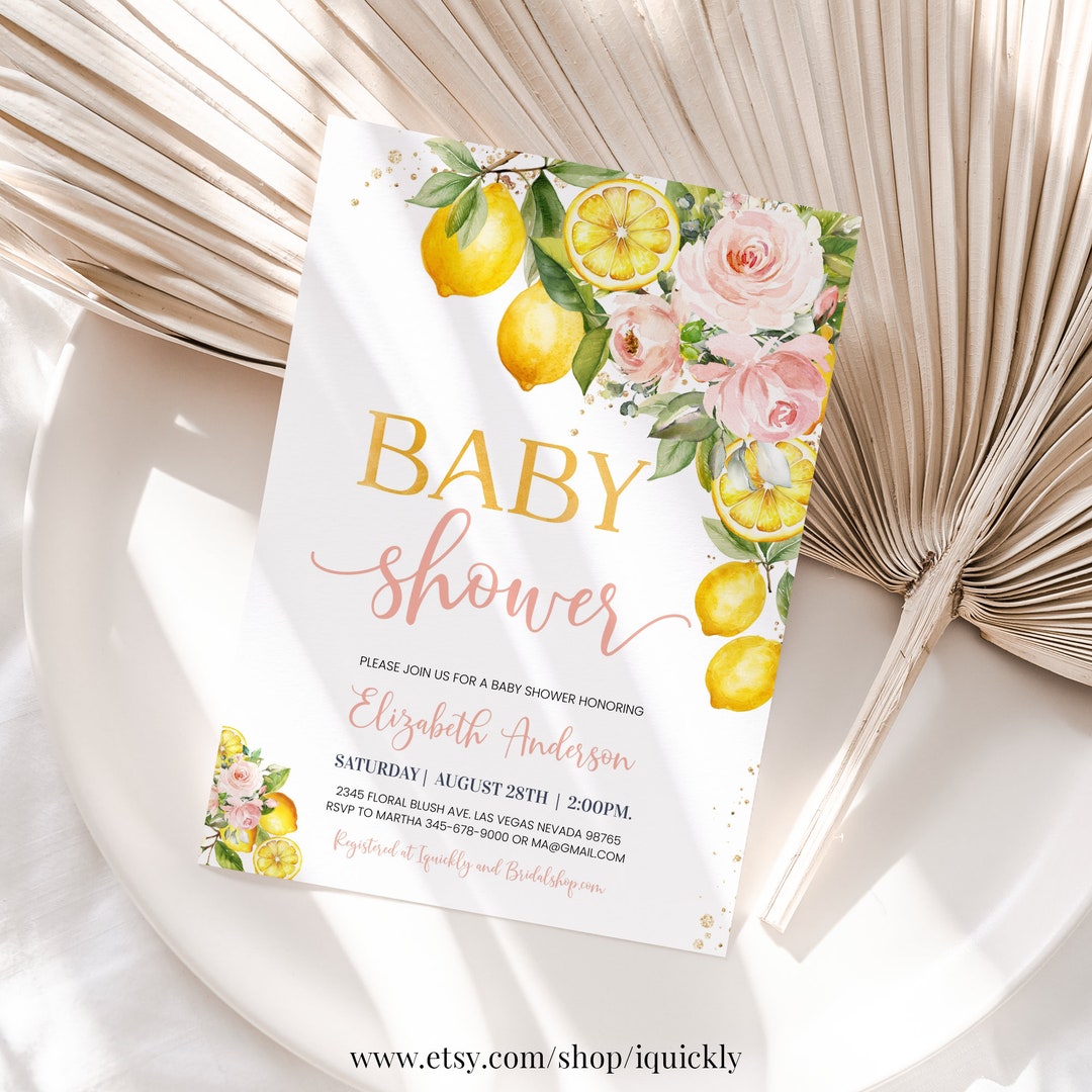 Lemon Baby Shower Invitation Editable Citrus Floral Invite Pink ...