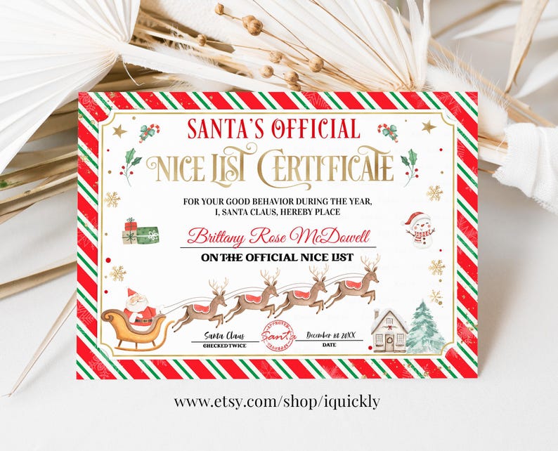 Editable Santa Claus Official Nice List Certificate Letter From Desk ...