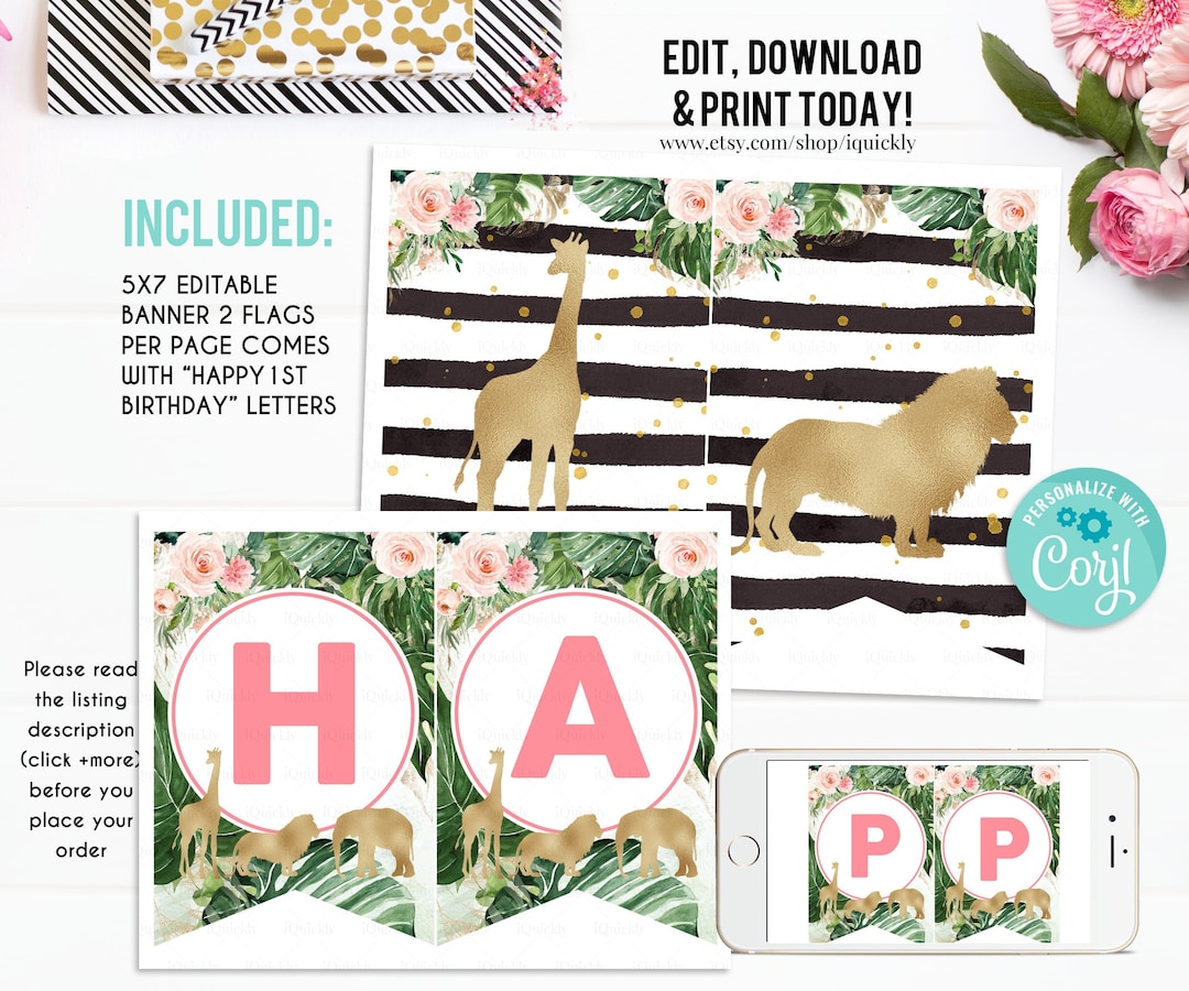 Happy Birthday Banner Jungle Gold Safari Animal Party Animals Wild One ...