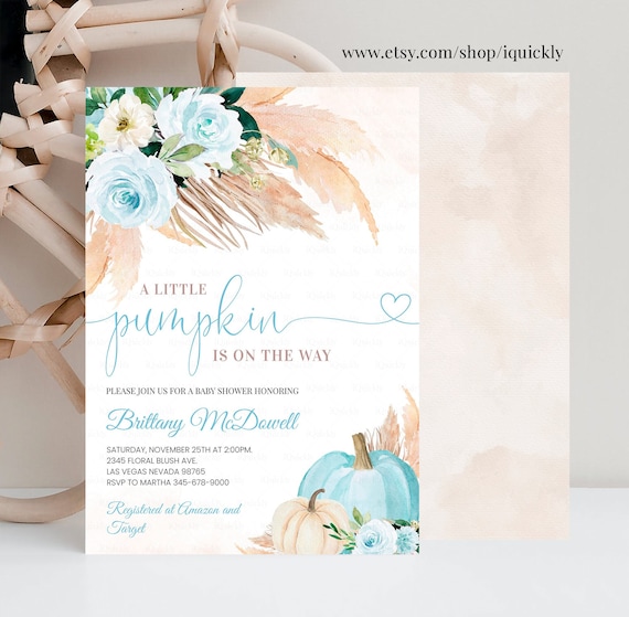 EDITABLE Pumpkin Baby Shower Invitation, Boho Pampas little Pumpkin ...