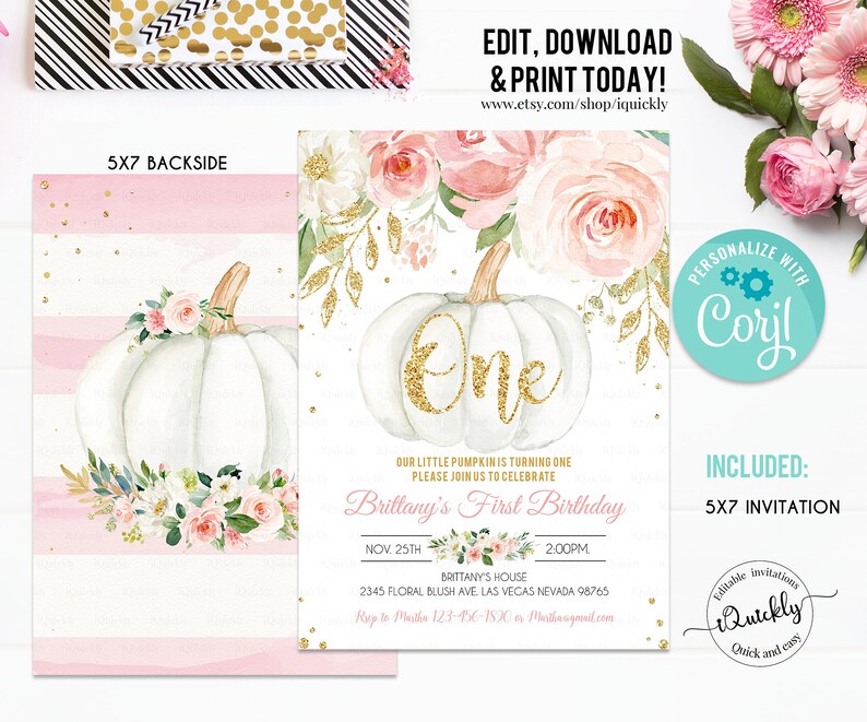 Editable Pumpkin First Birthday Invitation Little Pumpkin | Etsy