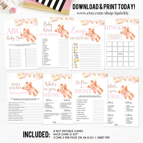 Teddy Bear Baby Shower Game Bundle Printable Girl Baby Shower - Etsy