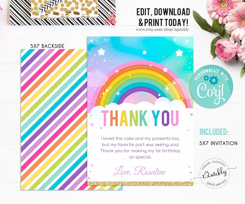 Rainbow Thank You Card EDITABLE ANY Age Rainbow Confetti - Etsy