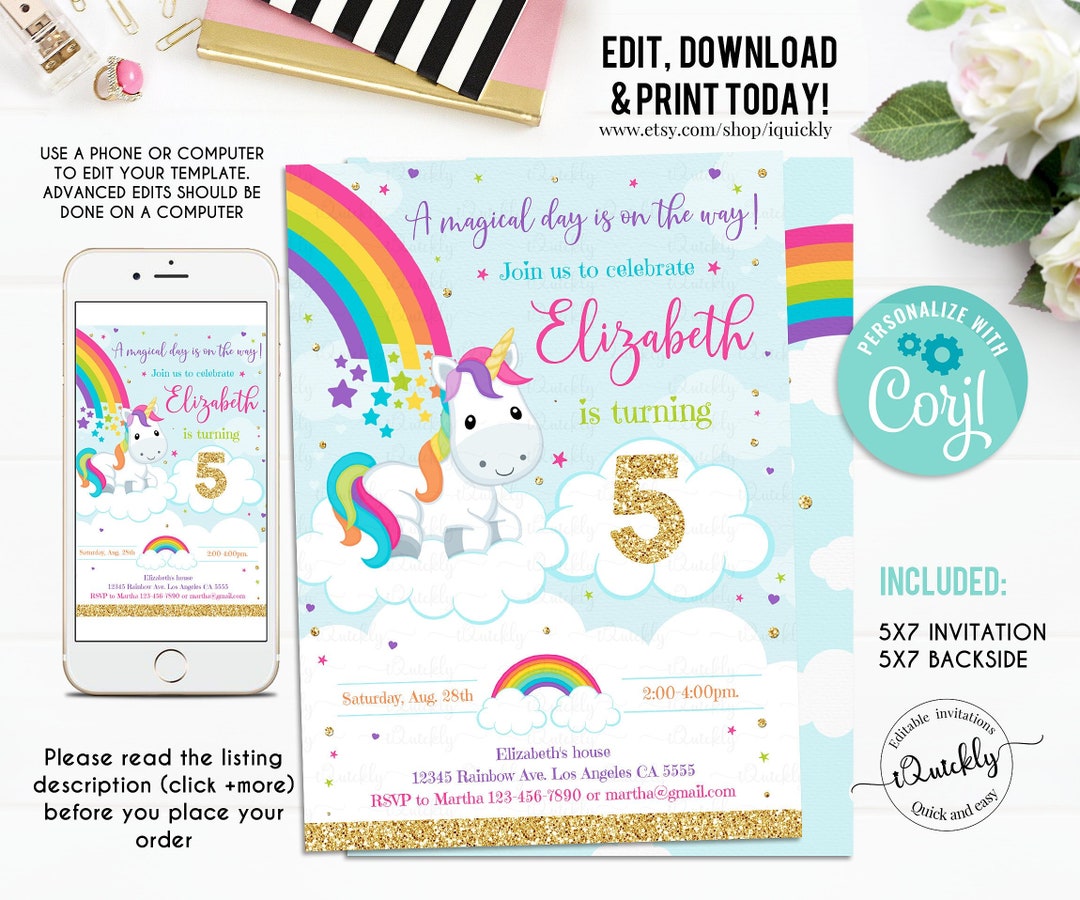 Editable Rainbow Unicorn Bithday Invitation, Unicorn Invite, Unicorn ...